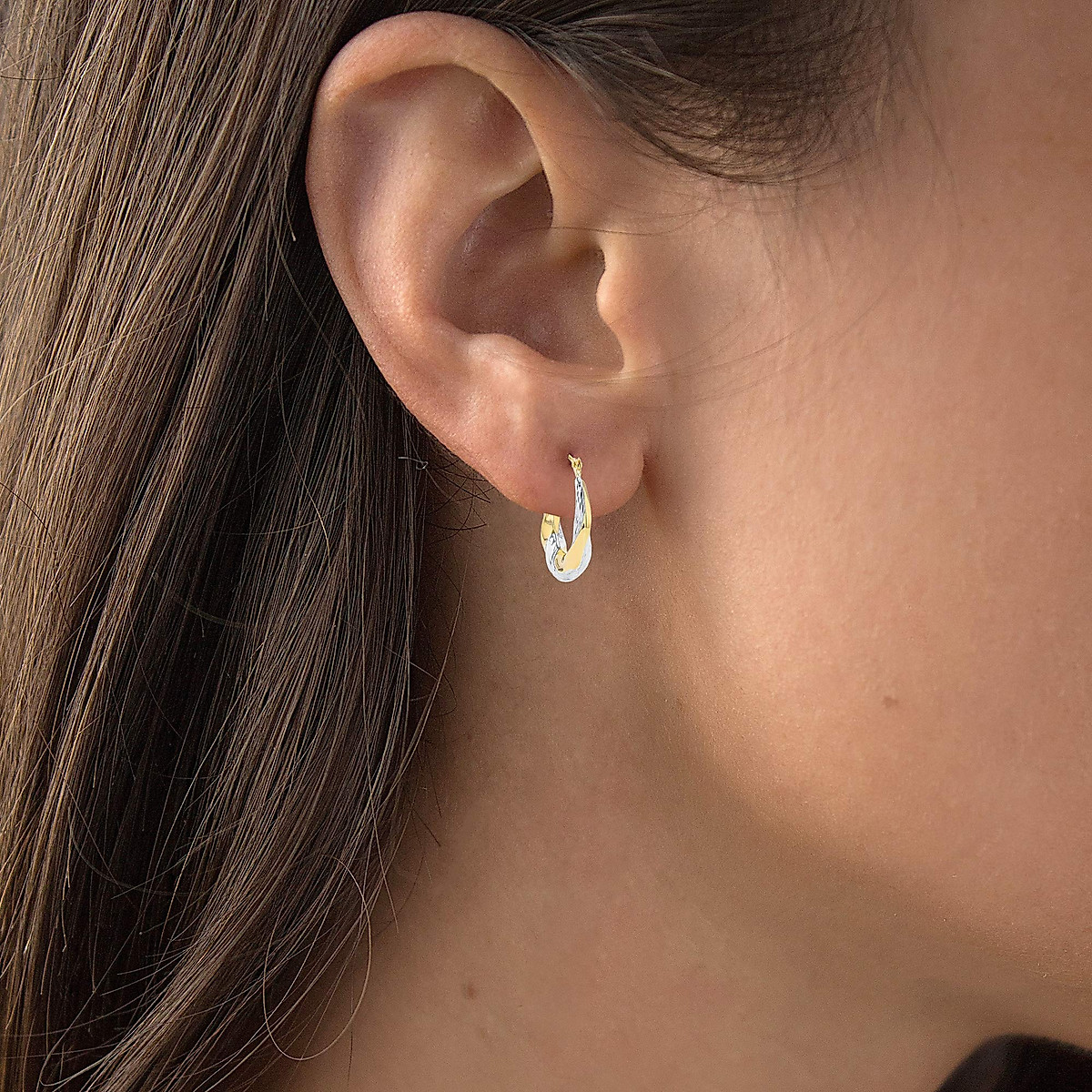 14K Yellow and White Gold Diamond Cut & Polished Twisted Hoop Earrings For Women | 4x20mm Hoops | Earrings For Sensitive Ears | Solid Gold Two Tone Hoops For Women