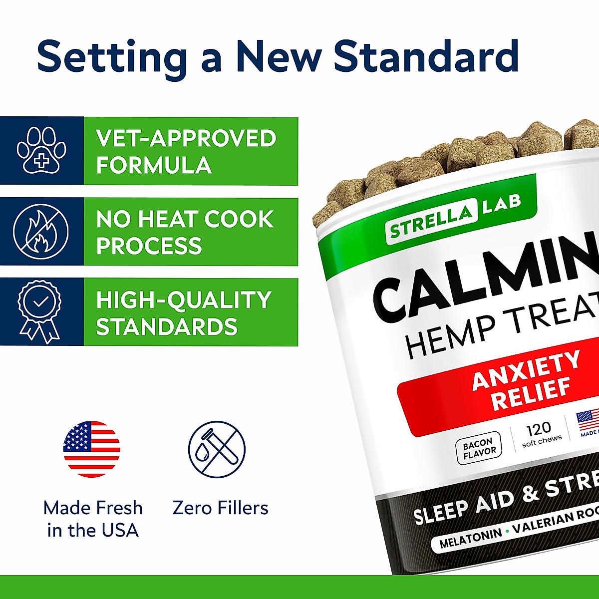 STRELLALAB Vet Formulated Hemp Calming Chews for Dogs - Anxiety Relief Calming Treats - Advanced Melatonin Pet Calm - Natural Sleep Aid & Stress, Separation Anxiety Relief - 120 Treats - Bacon