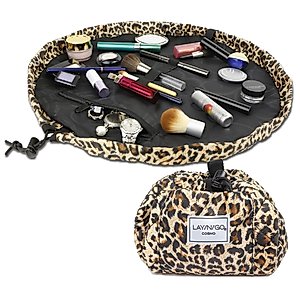 Lay-n-Go Cosmo Drawstring Cosmetic & Makeup Bag Organizer - Portable Drawstring Makeup Bag w/Zipper Pocket, Makeup Loops & More - Durable, Machine Washable Makeup Bag for Travel (20”, Leopard)