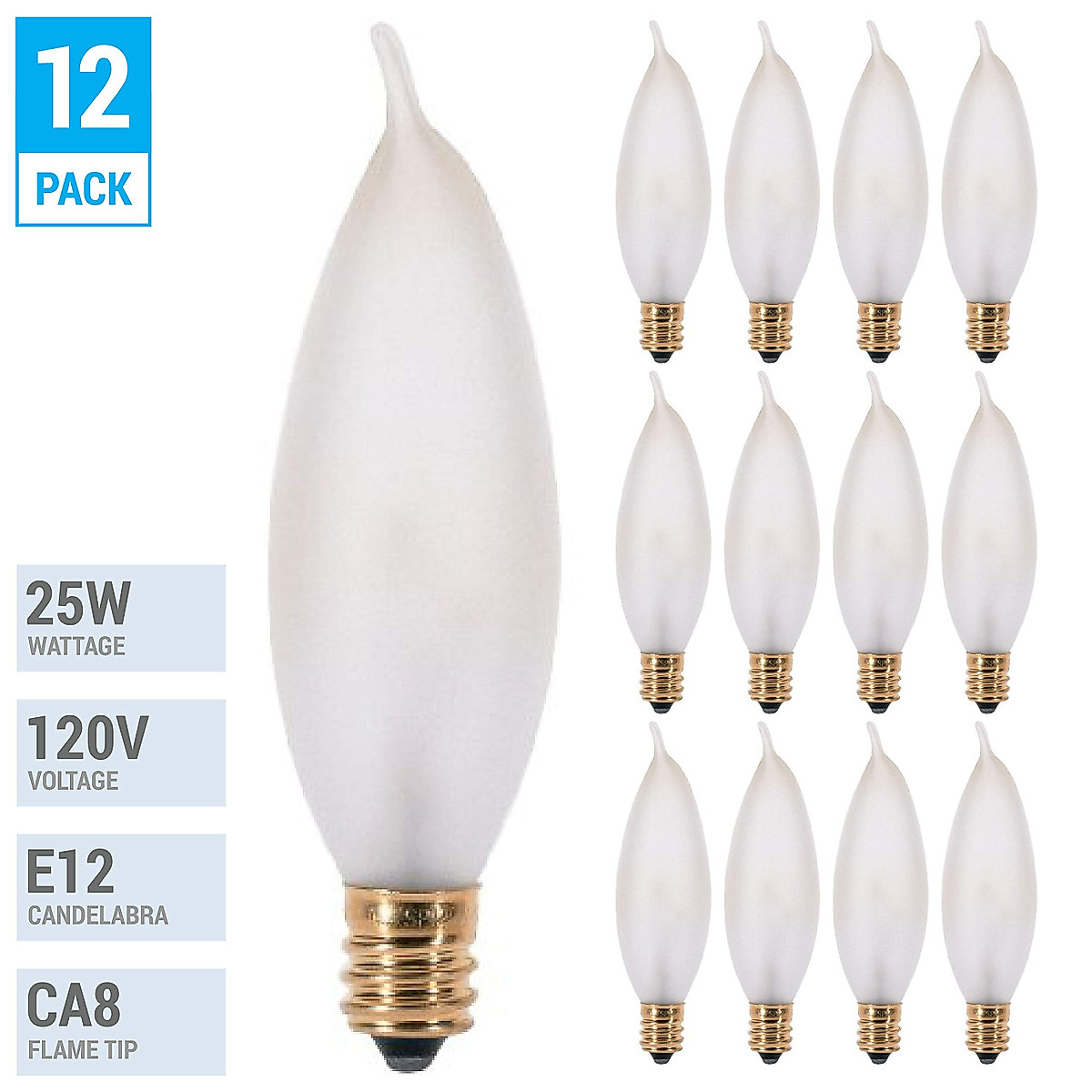 KOR Pack of 12 – 25 Watt Flame Tip Shape Frosted Candelabra Light Bulbs, E12 Base, 120V, Incandescent Dimmable. Warm White Color, 25W for Chandeliers, Pendants, Ceiling Fan and Sconces