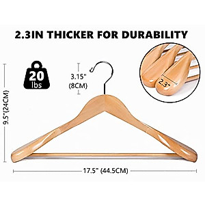 Amber Home 6 Pack Wide Shoulder Wooden Suit Coat Hangers with Non Slip Pants Bar, Solid Wood Jacket Clothes Hangers Smooth Finish for Sweater, Pants, Heavy Clothes (Natural, 6 Pack)