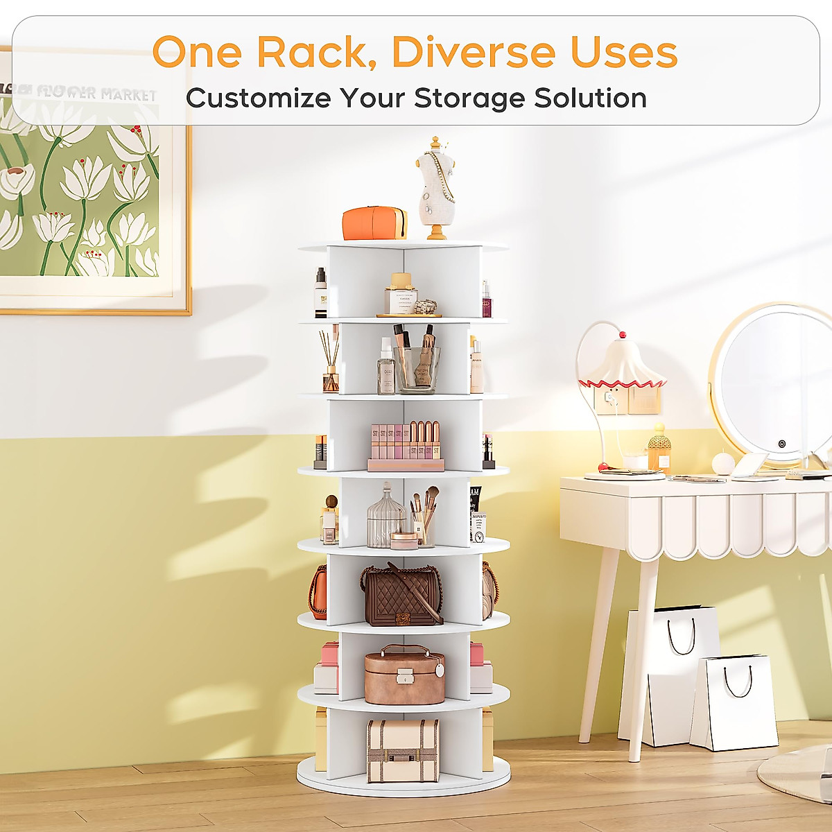 Brafab 7-Tier Rotating Shoe Rack Tower, 360-Degree Spinning Shoe Display Carousel, Revolving Vertical Shoe Shelf and Handbag Organizer Shelves for Closet Furniture, Round Lazy Susan Shoes Storage