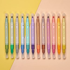 WRITECH Dual Tip Highlighter Markers: Aesthetic Fine Tip & Chisel Tip Pastel Vintage Marker Highlighters Multicolor Pens Pack No Bleed & Smear for Bible Highlighting Journaling, Assorted Colors 12ct