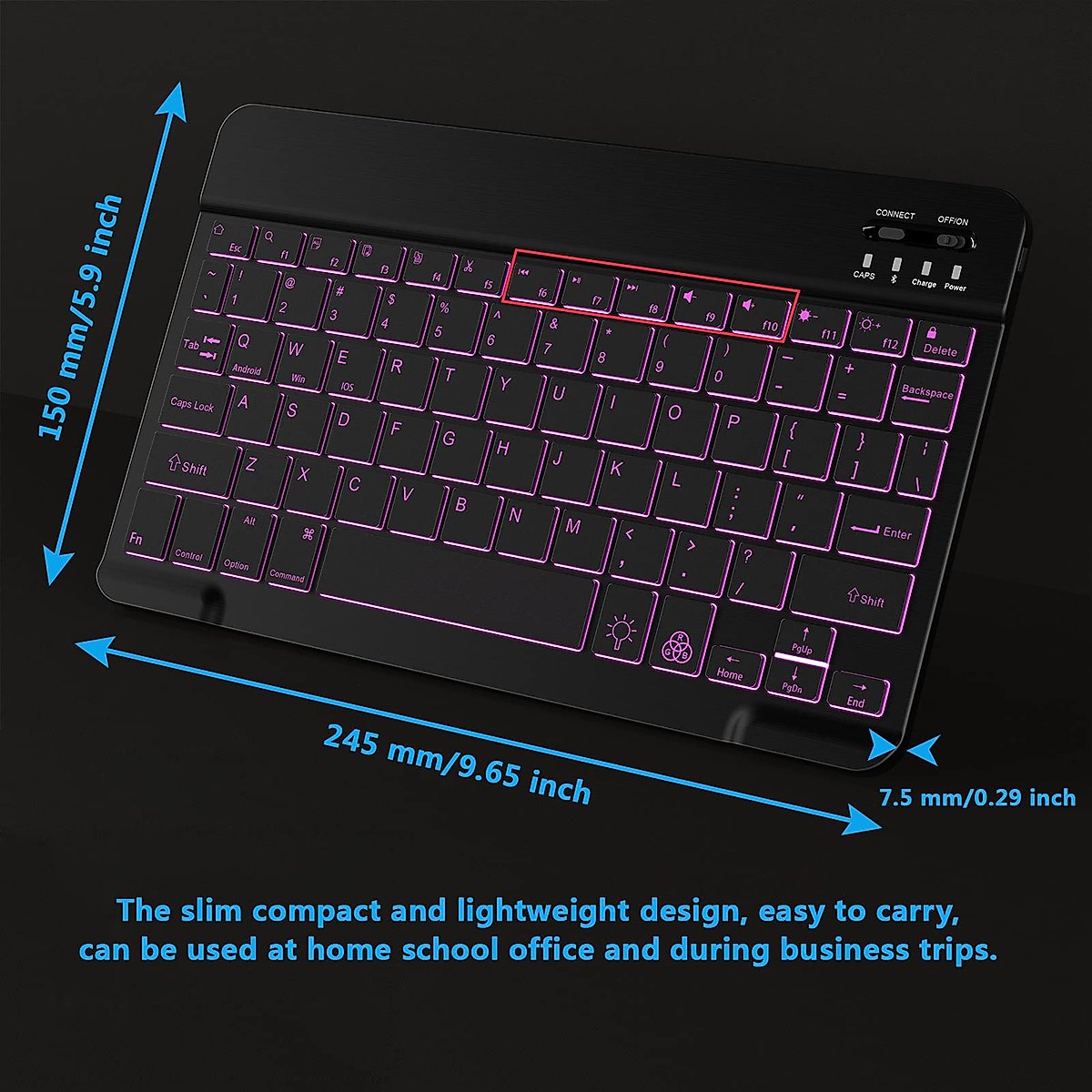 Backlit Bluetooth Keyboard Small Portable External Wireless Keyboard Cordless Rechargeable Illuminated for Android Tablet Cell Phone Smartphone iPad Pro Air Mini iPhone Windows Surface (Black)