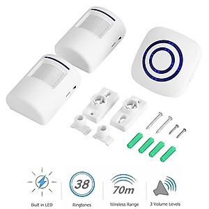 Wireless Home Security Driveway Alarm, Enegg Entry Alert, Visitor Door Bell Chime with 1 Plug-in Receiver and 2 PIR Motion Sensor Detector Alert System, Quality Sound and LED, 38 Melodies