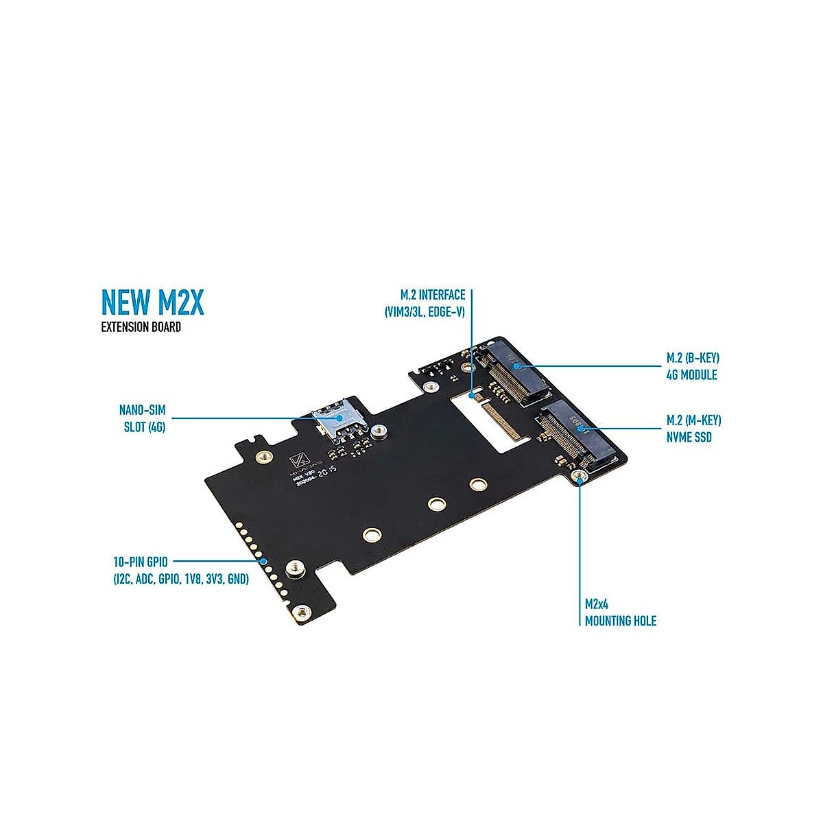 Khadas New M2X Extension Board is an Ultra-Thin Version of The Original M2X Board.It has M.2 Slots for Adding a 4G LTE Module and NVMe SSD to VIM3/VIM3L. A Nano-SIM Card Slot is Built Into The Board