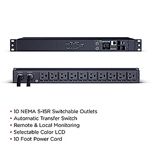 CyberPower PDU44001 Switched ATS PDU, 100-120V, 15A (Derated to 12A), 10 Outlets, 1U Rackmount