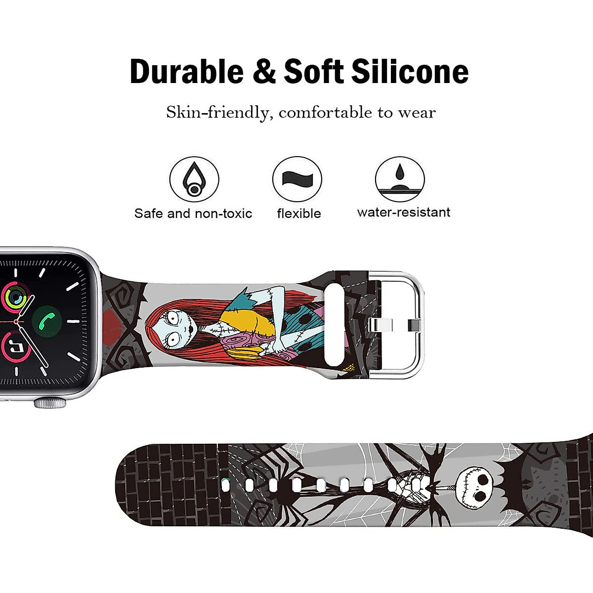 Sjiangqiao Compatible with Apple Watch Bands Halloween Sally/Jack Skellington 38mm 40mm 41mm Cartoon Band Replacement Strap Soft Silicone Chic Cartoon Design Pattern Sports Bands for iWatch Series SE 9 8 7 6 5 4 3 2 1 Men Women (Black-Halloween Jack&Sally