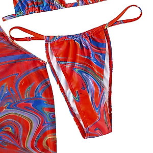 3 Piece Swimsuits for Women Padded Floral Print String Bikini Sets Bathing Suit Set Sexy Cutout High Neck Mesh Beach Cover Up Red