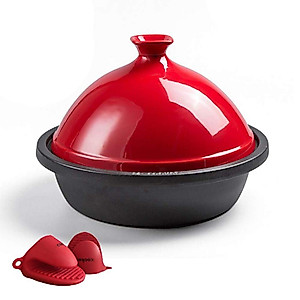 MYYINGBIN 30Cm Tagine Pot with Enameled Cast Iron Base Cone-Shaped Lid and Anti-Hot Silicone Gloves Housewarming Gift, Red