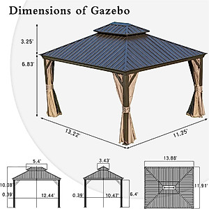 12'x14' Hardtop Gazebo, Outdoor Aluminum Frame Canopy with Galvanized Steel Double Roof, Outdoor Permanent Metal Pavilion with Curtains and Netting for Patio, Backyard and Lawn(Brown)