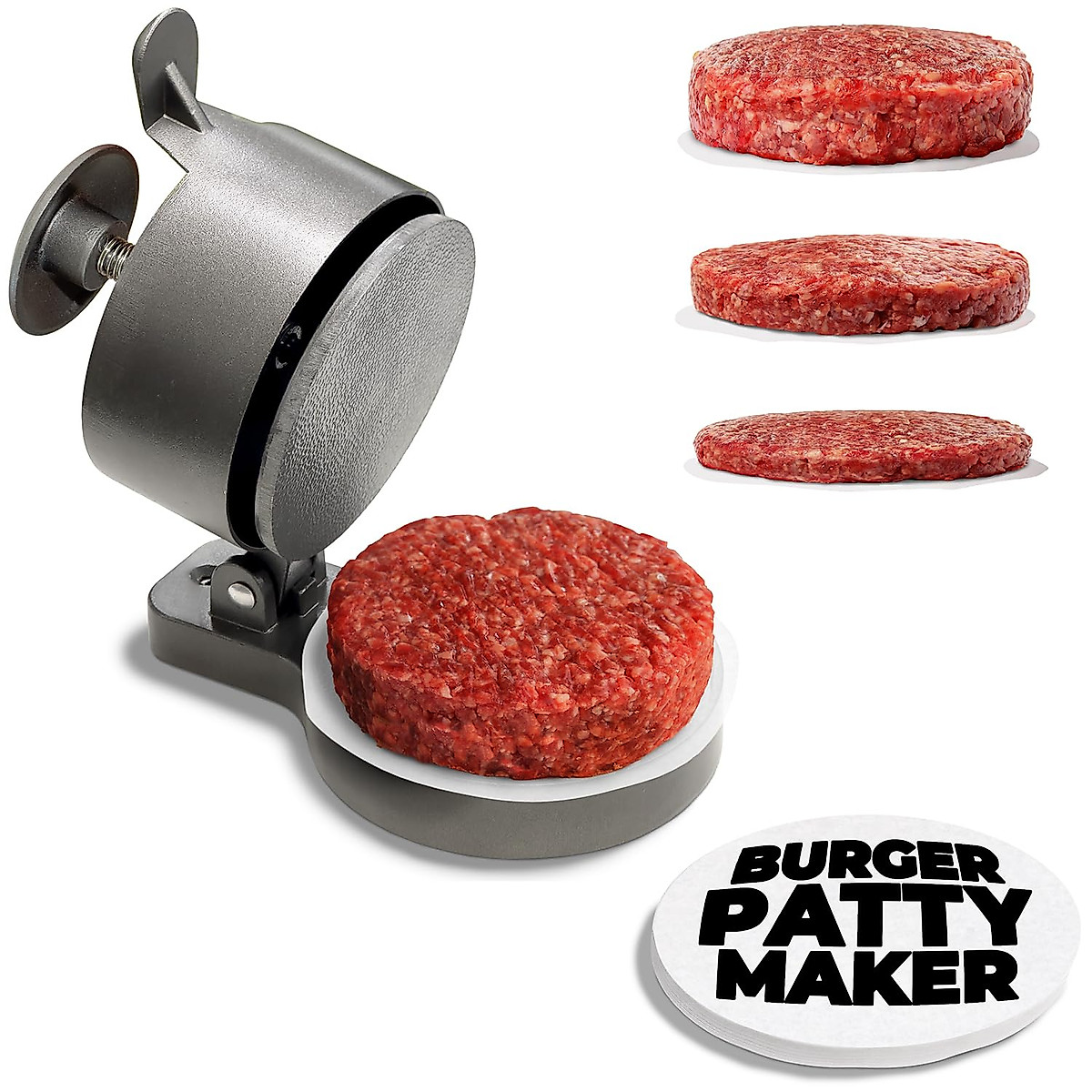 Shop Square Hamburger Press Patty Maker - Adjustable 1/4lb to 3/4lb Burger Press Patty Maker with Patty Ejector - Adjustable Thickness for Burgers, Crab Cakes, and Sausage - Patty Paper Included