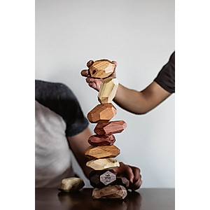 Tumi Ishi 17 Piece Wood Rock Set - Mixed Wood Species - Balancing Blocks - Natural Wood Toy - Organic Jojoba oil and Beeswax Finish - Handmade Wooden Toys - Sensory Toy - USA Made - Personalizable