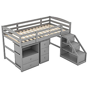 ERDAYE Twin Size Wooden Loft Bed Frame with Multifunctional Movable Built-in Desk, 5 Drawers and Staircase Bring Storage Shelf for Bedroom Guest Room Furniture, Gray