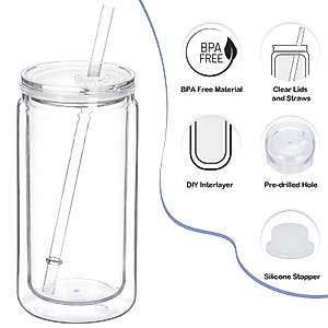 Tswofia 8 Pack plastic Snow Globe Tumbler, 16 Oz Double Wall Plastic Can with Lid and Straw, Plastic Mason Jar Mug for Snow Globe Glitter DIY Gift (Clear)