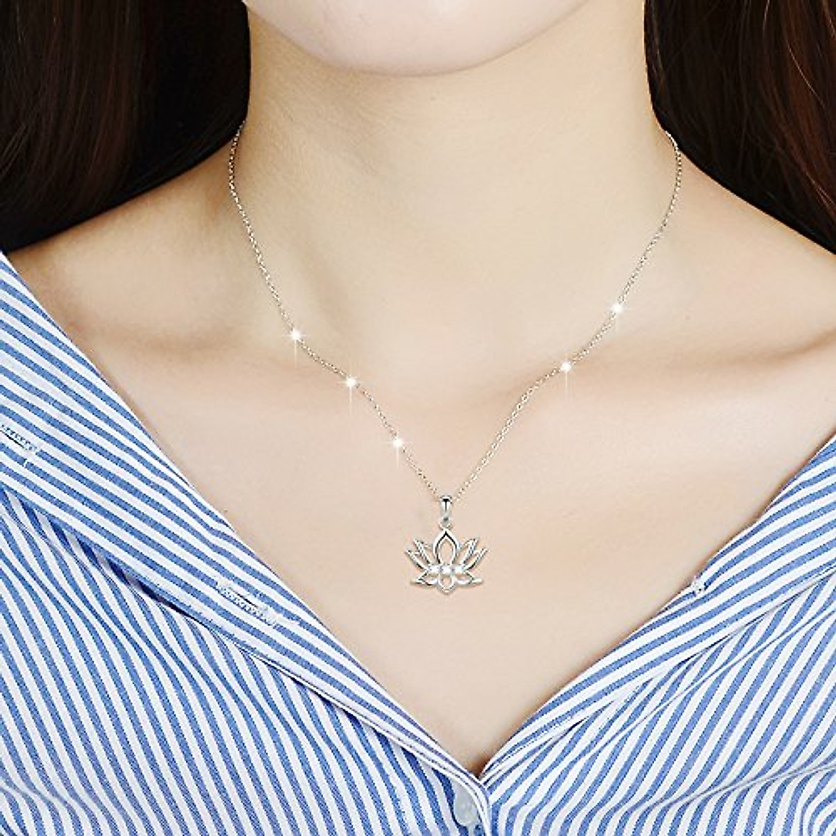 925 Sterling Silver Inspirational Om Lotus Flower Pendant Necklace for Women,18 inch