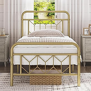 Topeakmart Twin Bed Frames Metal Platform Bed with Vintage Style Headboard/Mattress Foundation/No Box Spring Needed/Under Bed Storage/Strong Slat Support Antique Gold Twin Bed