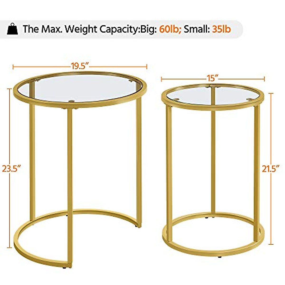 Yaheetech Round Nesting Side Table Stacking Coffee Table, Set of 2 Circular Modern End Tables w/Metal Frame & Tempered Glass Top & Protective Foot Pads for Small Space Living Room Bedroom Office
