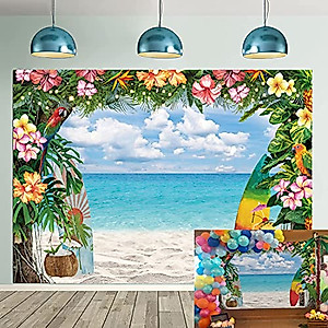 Summer Hawaiian Beach Backdrop Tropical Flowers Luau Photography Background Surfboard Blue Sky Ocean Palm Leaves Aloha Party Decorations Large Tiki Birthday Photo Booth Props