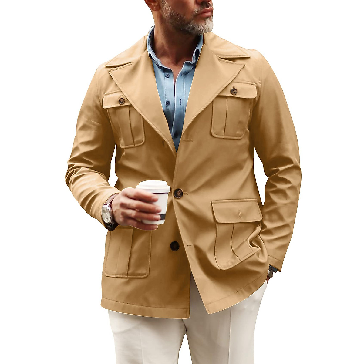 Pretifeel Mens Lightweight Safari Jacket Casual Military Button Up Multi-Pocket Cargo Coat Outwear