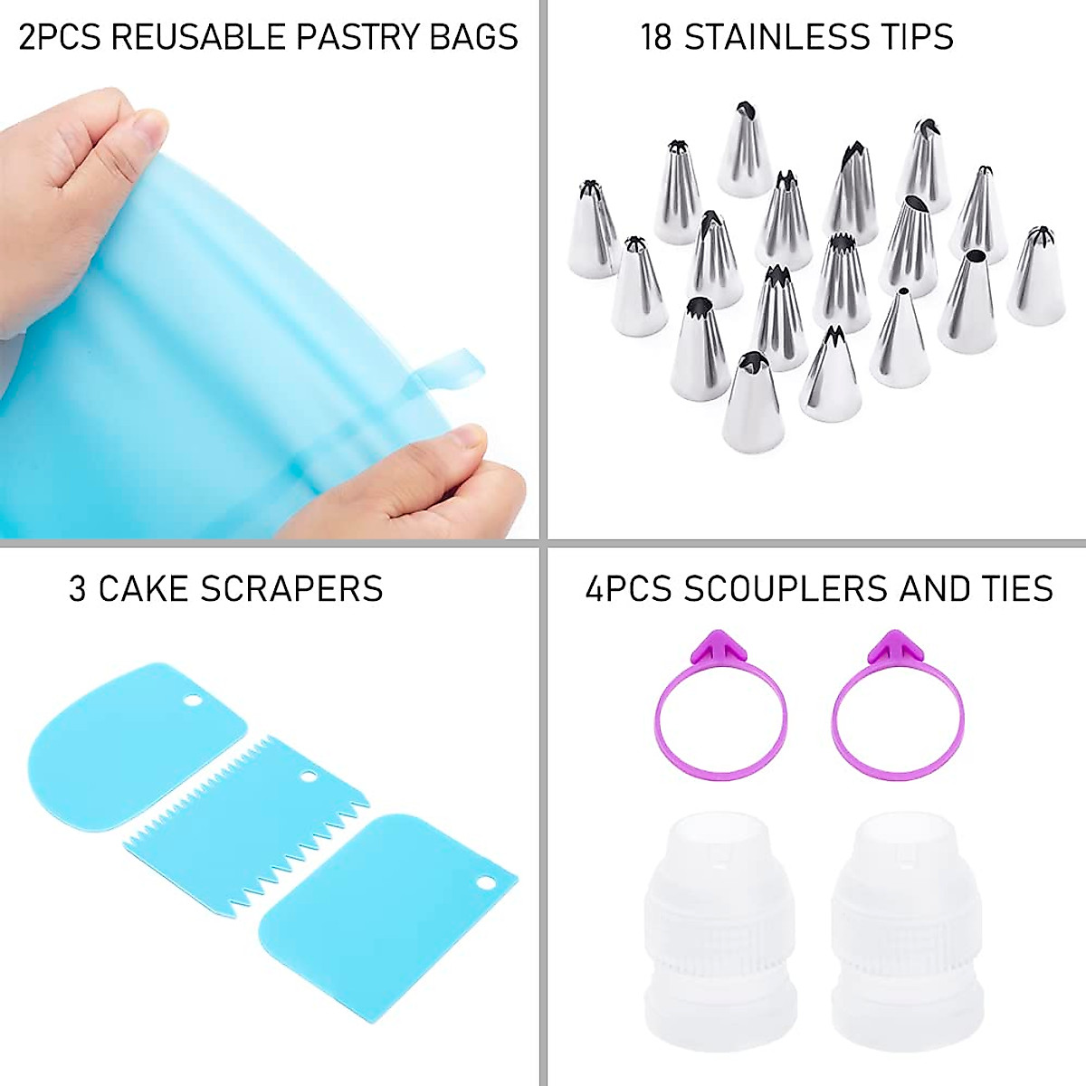 Wddeevoi Piping Bags and Tips Set, Cakes Decorating Kit Supplies with 2 Reusable Pastry Bags, 18 Frosting Tips, 2 Couplers, 2 Bag Ties, 3 Cake Scraper, Cake Decorating Tools for Cookie Icing