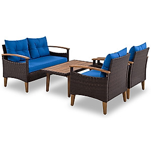 Hlcodca 4 Piece Wicker Patio Conversation Furniture Set,PE Rattan Patio Seating Set with Acacia Wood Tabletop and Legs, Outdoor Sofa Set for Balcony, Porch, Backyard (Brown and Blue/)