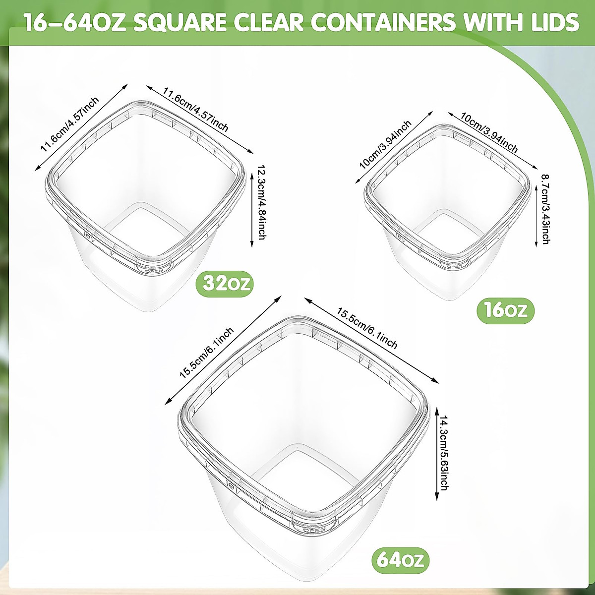 Sliner 60 Sets Square Deli Containers with Lids Clear Food Storage Containers Plastic Freezer Microwaveable Safe Deli Cups Leak Proof Airtight Meat for Restaurant(64oz, 32oz, 16oz)