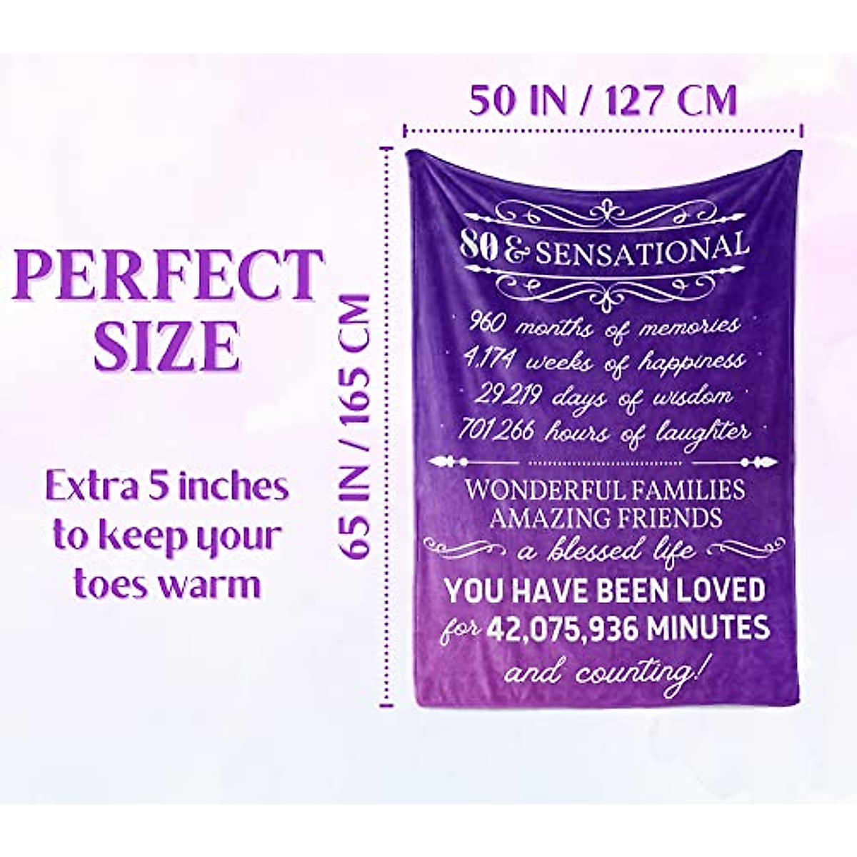 InnoBeta 80th Birthday Gifts for Women, Birthday Presents for 80 Year Old Women - 80 & Sensational - Grandma, Greatgrandma, Mom, Aunt, Sister - Flannel Throw Blanket - Purple, 50"x 65"