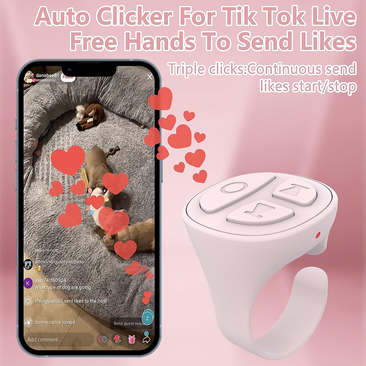 STDFORU TikTok Scrolling Ring Auto Clicker for Live Bluetooth Scroller Ring Camera Shutter Remote Control TIK Tok Scrolling Ring for iPhone Android (Pink)