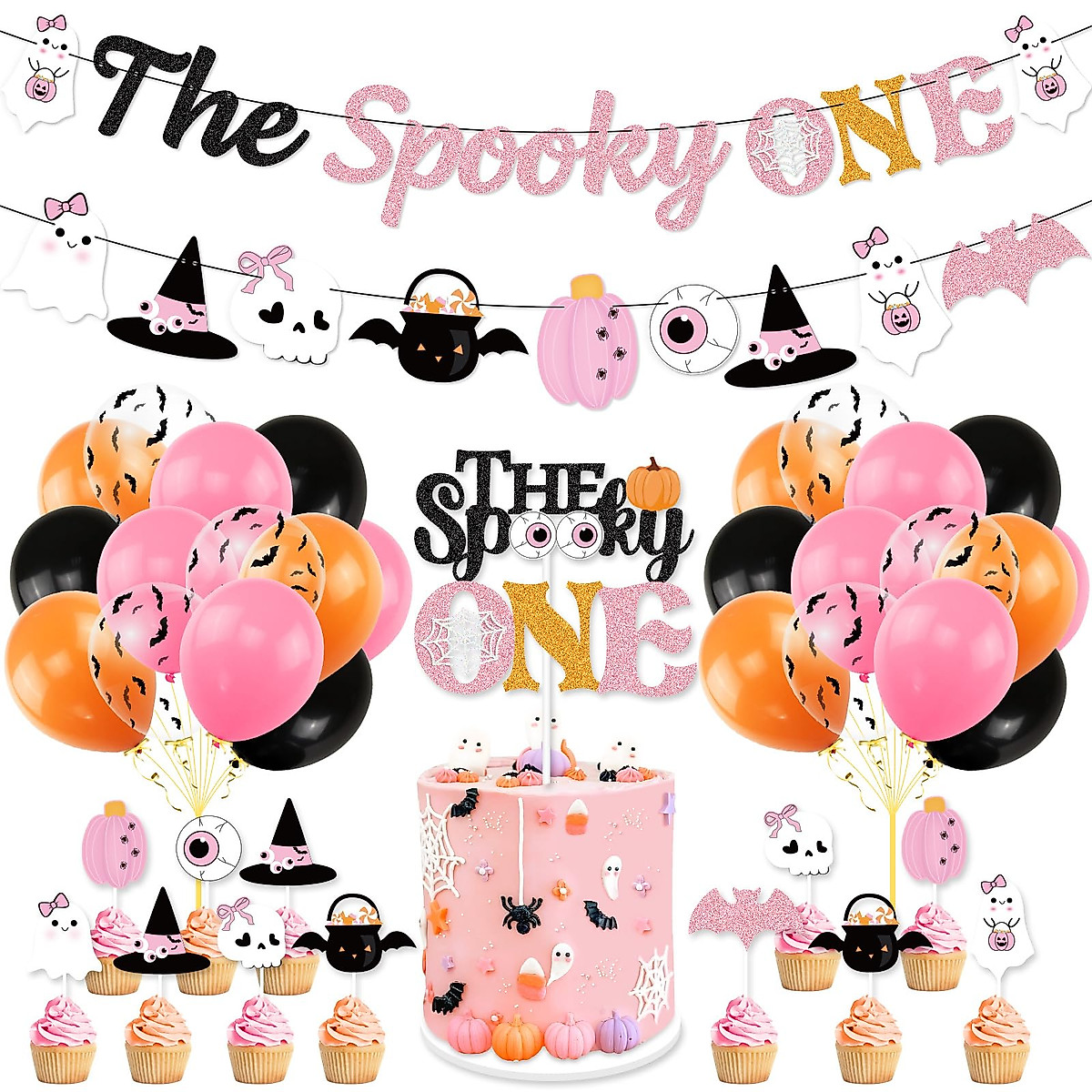 K KUMEED Pink Halloween 1st Birthday Party Decorations,The Spooky One Banner Cute Ghost Eyeballs Pumpkin Cake Topper and Latex Balloons for Halloween First Birthday Girls Birthday Party Supplies