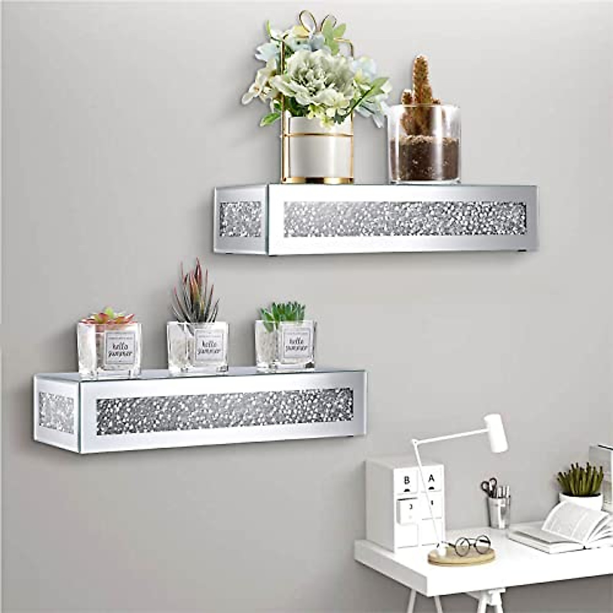 JUXYES Crushed Diamond Wall Floating Shelves Sparkle Glass Riser for Display, Wall Art Showcase Shelf Decorative Pedestal Stand Unique Glass Display Floating Wall Shelf