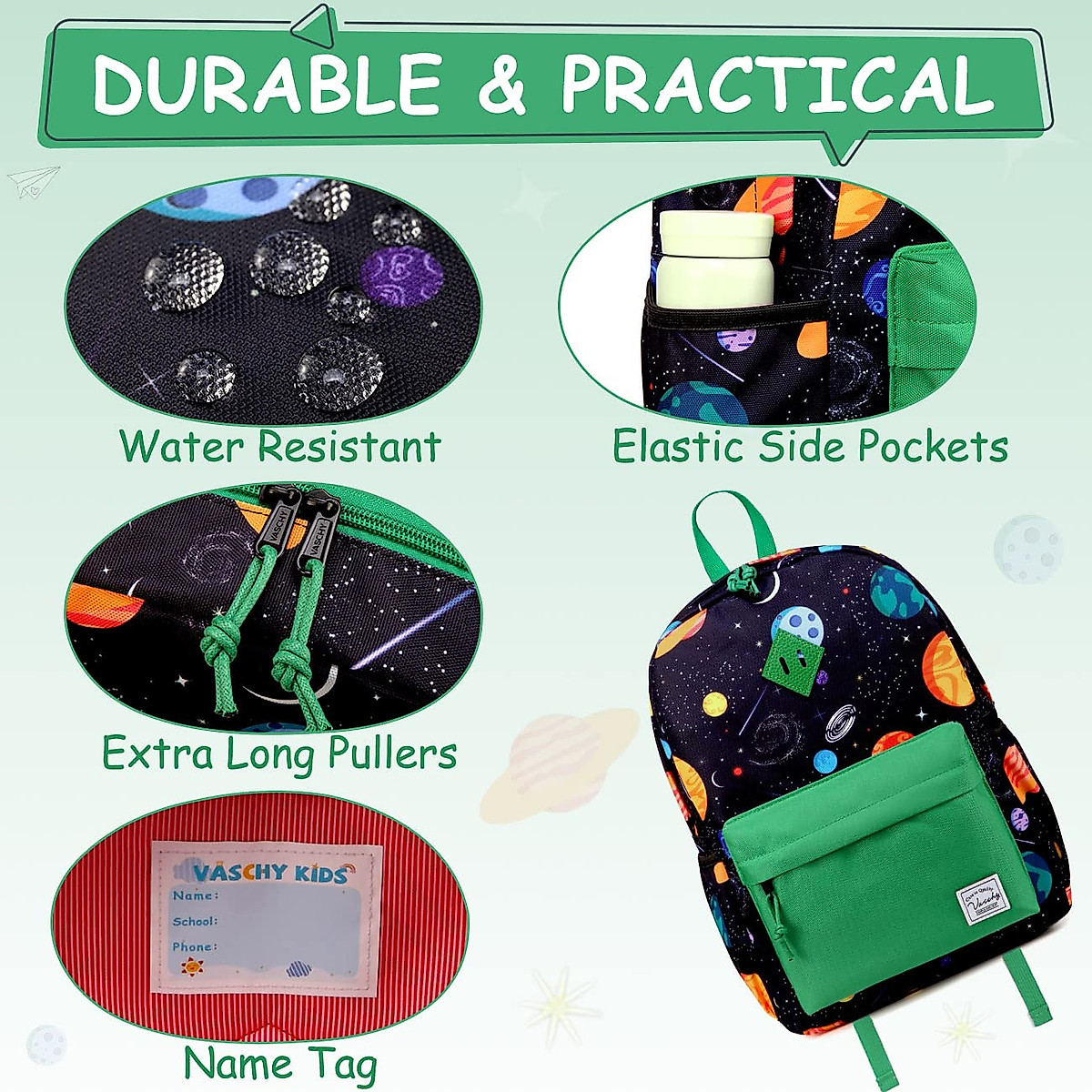 VASCHY Backpack for Boys, Kids Water Resistant Lightweight Backpack for Toddlers Daycare Preschool Space Green