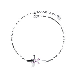 LEECCI 925 Sterling Silver Breast Cancer Awareness Bracelet Cross Pink Ribbon Bracelet Breast Cancer Survivor Gifts for Women