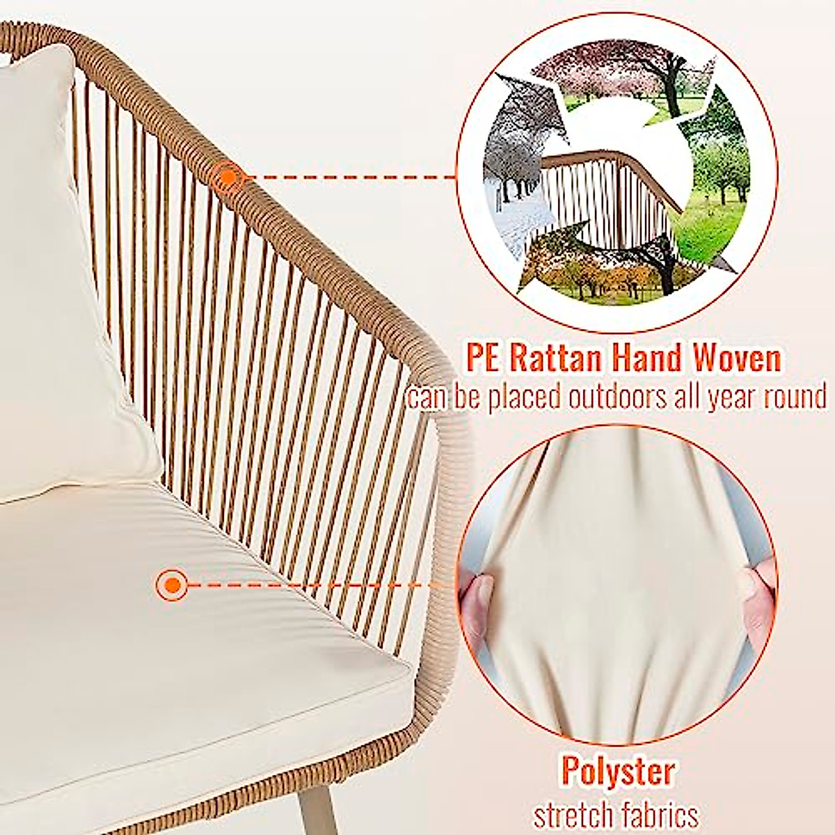 3-Piece Outdoor PE Rattan Bistro Furniture Set Patio Rattan Conversation Set Patio Furniture Set Glass Coffee Table Top and 2 Chairs with Cushions Lumbar Pillows for Yard Garden Porch Bistro, White