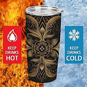 FHENMSA Stainless Steel Insulated Travel Coffee Mug,Black And Golden Pattern Print Reusable Car Cup,Thermal Cup for Outdoor with Straw And Lid