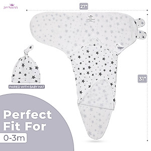 Jam Naturals- Organic Knotted Tie Bottom Adjustable Velcro Swaddle and Hat Set of 3, Newborn Sleep Sack (0-3m, 7-14lbs Grey)