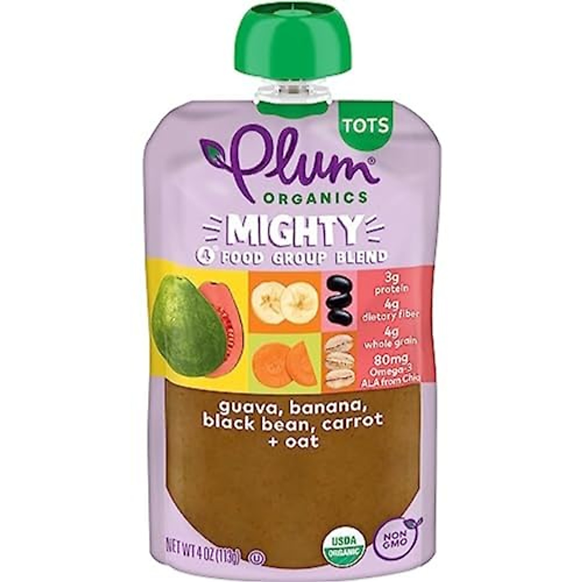 Plum Organics Mighty 4 Organic Toddler Food - Guava, Banana, Black Bean, Carrot, and Oat - 4 oz Pouch (Pack of 12) - Organic Fruit and Vegetable Toddler Food Pouch