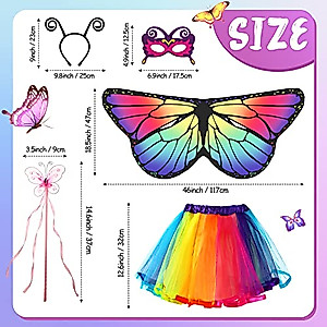 Kids Butterfly Costume Rainbow Tutu Dress for Girls, Eye Covering, Antenna Headband Fairy Wand for Christmas Girls Gift Party (Multicolor)