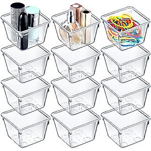 Tioncy 16 Pcs Clear Drawer Organizers 3" x 3" x 2" Stackable Small Makeup Vanity Storage Bins Small Desk Drawer Organization Clear Container Dividers for Makeup Vanity Office Bathroom Kitchen Utensil