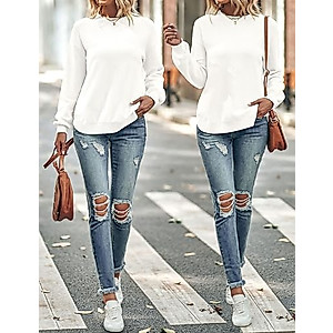 MEROKEETY Women's 2025 Fall Long Balloon Sleeve Crew Neck Sweater Tops Waffle Knit Soft Pullover Jumper, White, M