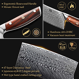 XINZUO Damascus Steel 7 Inch Cleaver Knife, Professional Butcher Knife Sharp Chinese Chef Knife Chopping Knife Kitchen Knife Vegetable, Ergonomic Rosewood Handle-Yi Series
