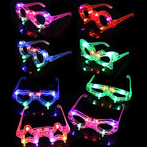24 Packs LED Glasses for kids Glow in the dark Party Supplies Favor,6 LED 6 Shapes Glasses Flashing Plastic Light up Glass Toys Bulk 3 Replaceable Battery fit New Year Eve Party Supplies 2025 Holiday