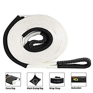 RAYTEEN Nylon Kinetic Snatch Strap(4in x 30ft) Genuine 24,200lb Pulling Force (Lab Tested 30,000lb) and 20% Elongation with Reinforced Loops and Protection Sleeves, White-Environment Friendly Color