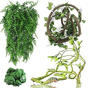 HERCOCCI Reptile Vines, Flexible Jungle Climbing Vines Terrarium Plastic Plants and Leaves Tank Accessories Decor for Gecko Snake Lizard Bearded Dragon Hermit Crab Frog