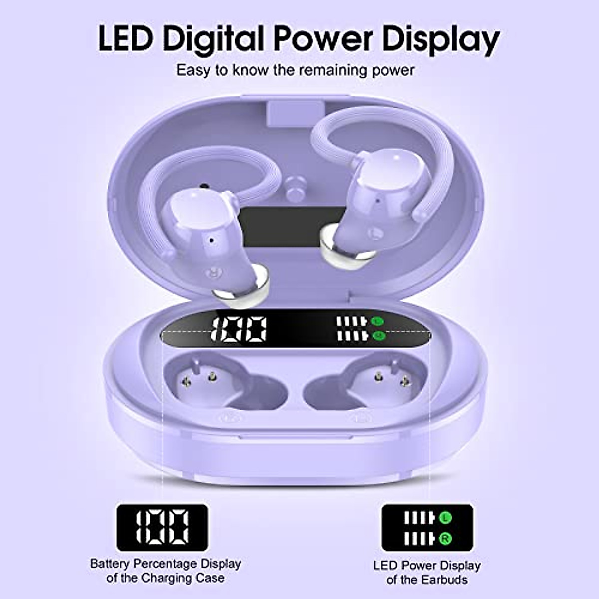 Wireless Earbuds, 2023 New Ultralight Sport Bluetooth 5.3 Headphones In Ear with LED Display, Built-in Mic Earphones, IPX7 Waterproof Wireless Headphones with Earhooks for Gym Workout (Purple)