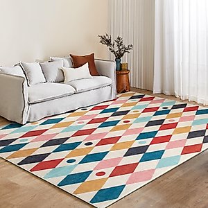 ADecor Colorful Area Rug, 5x7 Low Pile Stain Resistant Washable Rug, Large Soft Non-Slip Multicolor Diamond Checkered Kids Rug Carpet for Bedroom, Living Room, Nursery, Playroom Decor
