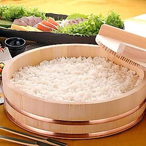 TIKUSAN Wooden Hangiri Sushi Rice Mixing Tub Copper Band with Lid Made in Japan Made of Sawara Cypress Sushi Rice Bowl Sushi Oke (10.6" (27cm))