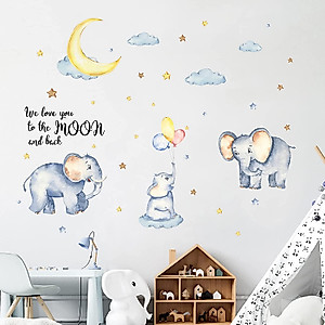 Elephant Wall Stickers for Baby Nursery Wall Decor, Elephant Nursery Wall Dacal Decor for Girls Baby Boy, We Love You to The Moon and Back Elephant Decor for Baby Room Kids Bedroom Playroom Art Gift