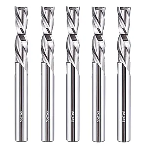 SpeTool 5PCS Spiral Downcut Router Bits 1/4" Shank 1" Cutting Length Solid Carbide CNC Router Bit Set End Mills for Plunge Router Wood Carving