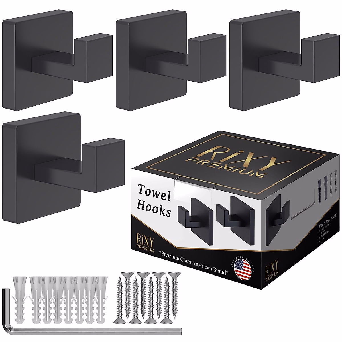 RiXY PREMIUM Matte Black Towel Hooks for Bathroom - Stylish Bath Hooks for Towels - Heavy Duty Bathroom Hooks for Hanging Towels Robes Coats - Pack of 4 Stainless Steel 304 Coat Hooks